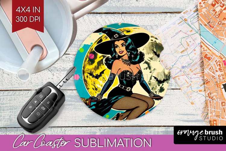 Retro Witch Car Coaster - Halloween Coaster PNG (4871354)