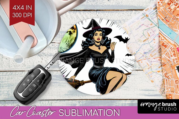 Retro Witch Car Coaster - Halloween Coaster PNG (4871360)