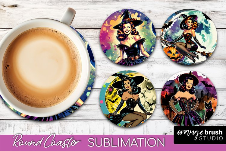 Witch Round Coaster, Retro Halloween Coaster (4348929)