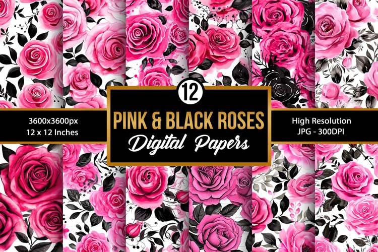 Pink & Black Watercolor Roses Pattern Digital Papers