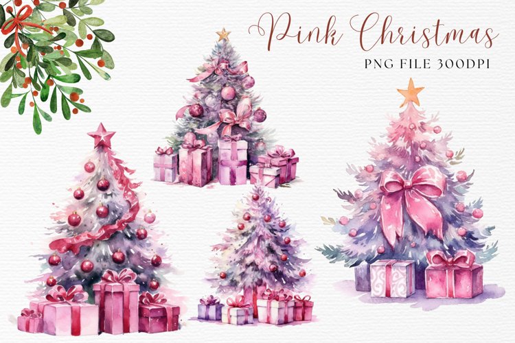 Pink Christmas Tree Watercolor Clipart Ornament Decorate