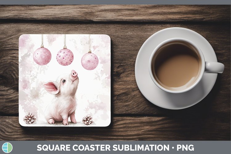 Pink Christmas Farm Pig Square Coaster Sublimation Coaster D