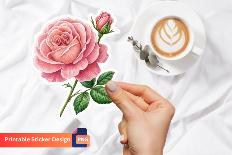 Pink Rose Flower Sticker, Cute Botanical Sticker