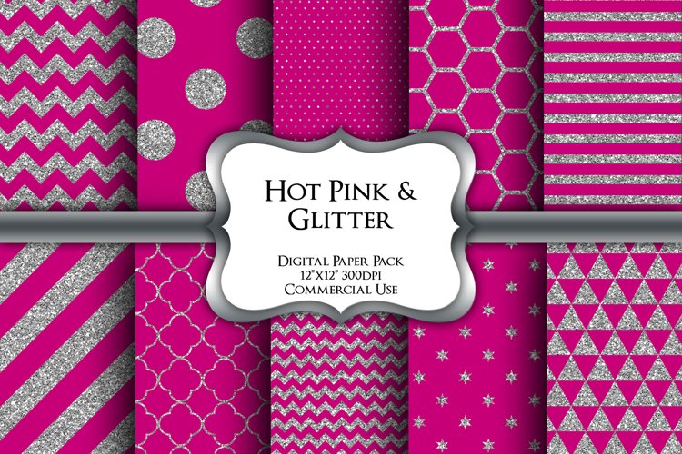 Hot Pink and Silver Glitter Digital Paper Pack