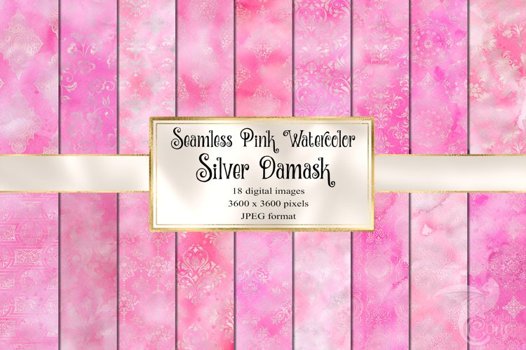 Pink and Silver Watercolor Damask Digital Paper