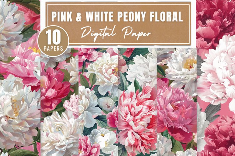 Pink & White Peony Floral Digital Paper Bundle