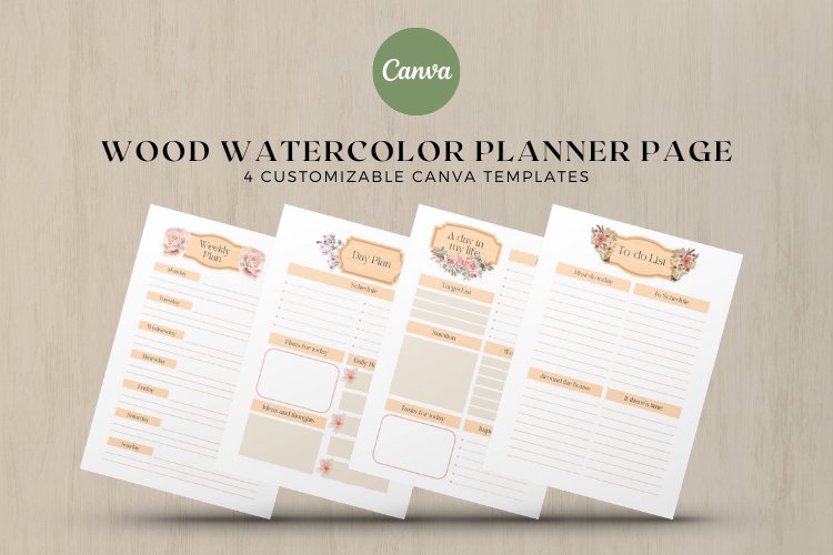 Wood Watercolor Planner Page Canva Template