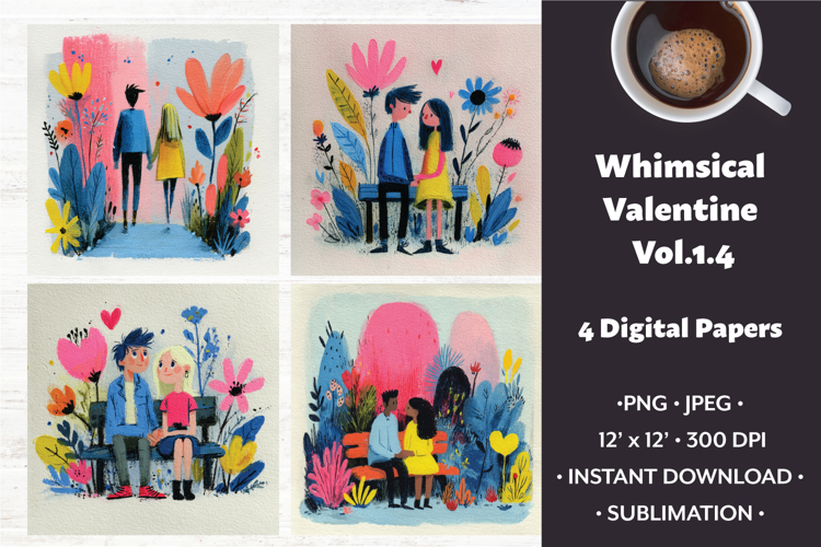 Whimsical Valentine Digital Paper Vol.1.4, 4 PNG & JPEG