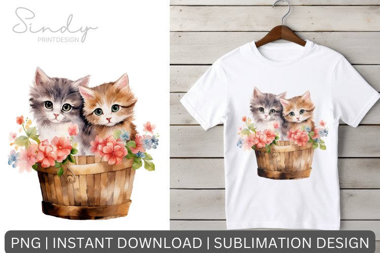 Kitten Flowers Basket Sublimation, Watercolor Clipart