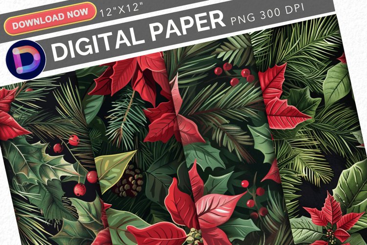 Poinsettia Pine Leaves Digital Paper