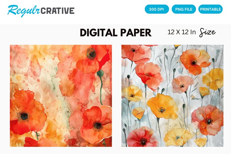 Watercolor Poppy Floral Seamless Digital Paper