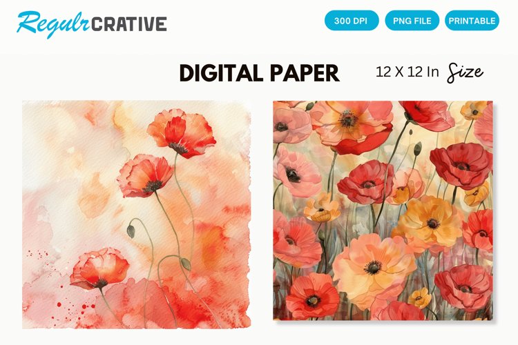 Watercolor Poppy Floral Seamless Digital Paper