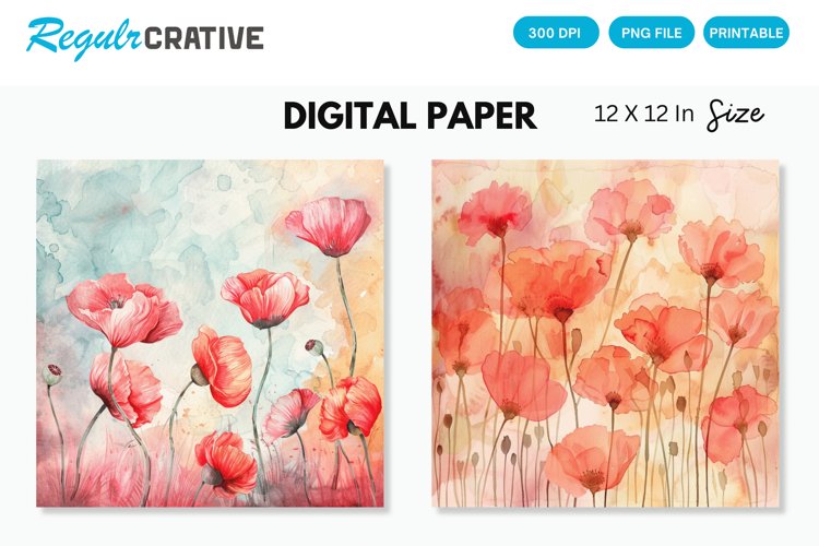 Watercolor Poppy Floral Seamless Digital Paper
