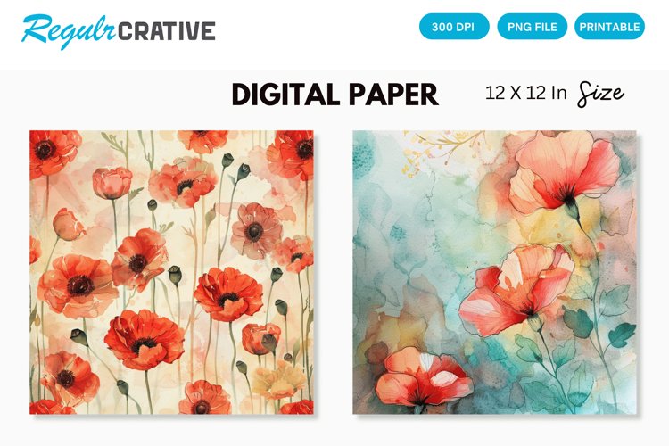 Watercolor Poppy Floral Seamless Digital Paper