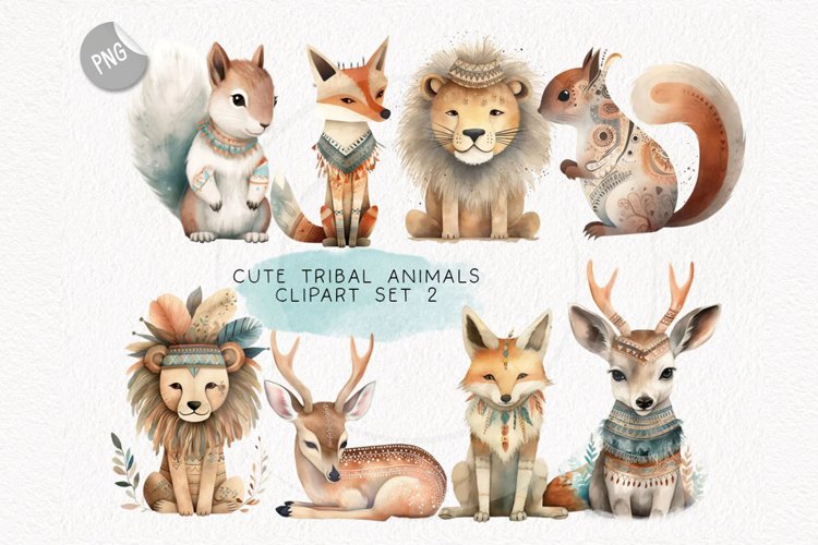 Cute tribal animals clipart set 2 instant download PNG file