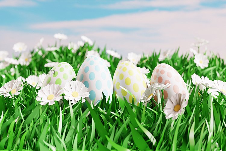 Easter landscape with colorful eggs and daisy (2355956)