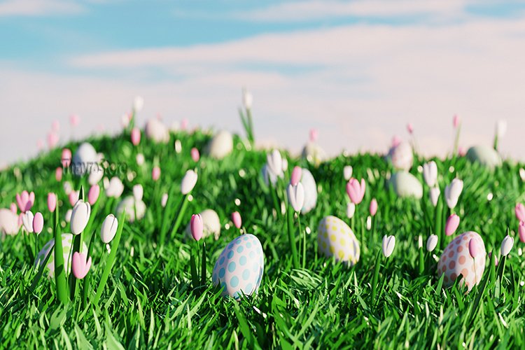Easter landscape with colorful eggs and tulip flowers