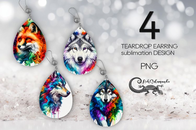 Rainbow fox | wolf Teardrop earring sublimation design PLUS