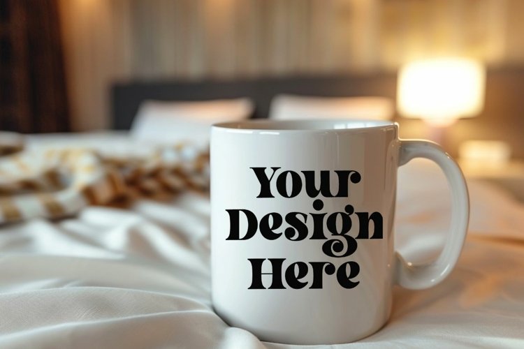 Coffee Mug Mockup Placed on a bed room