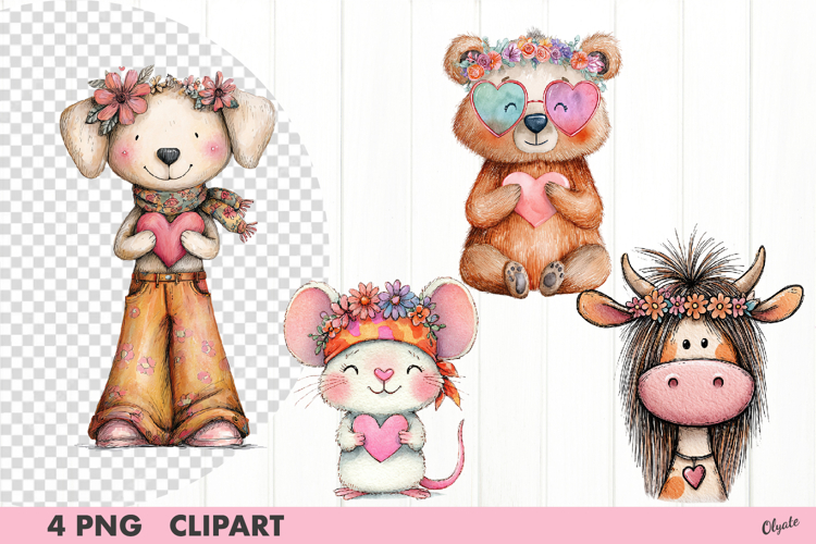 Whimsical Valentine Animal Clipart, Valentineas Day PNG