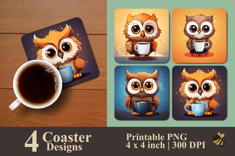 Cute Owl And Cup Coaster Sublimation Designs