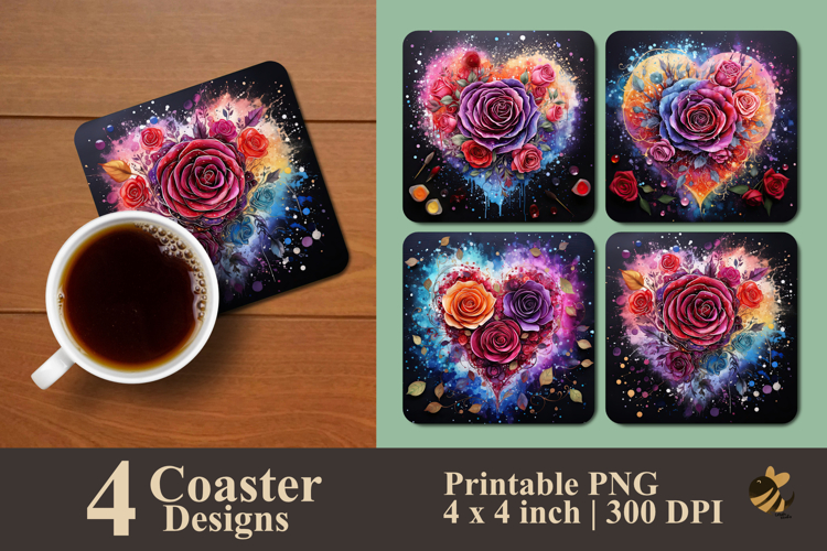 Colorful Heart Rose Coaster Sublimation Design