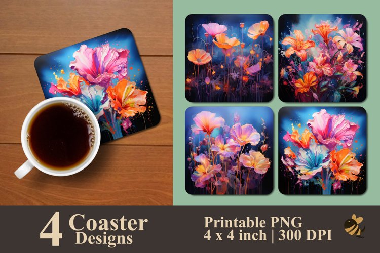 Fluorescent Flowers Coaster Sublimation Designs