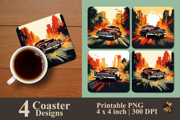 Retro Car At City Coaster Sublimation Design