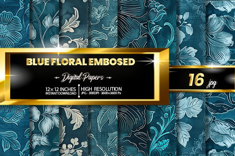 Blue Floral Embosed Digital Papers Bundle
