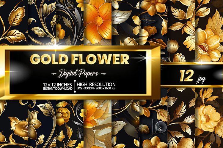 Gold Flower Digital Papers Bundle