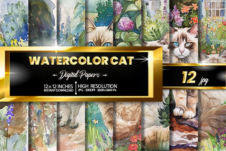 Watercolor Cat Digital Papers Bundle