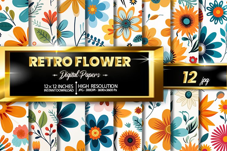Retro Flowers Digital Papers Bundle