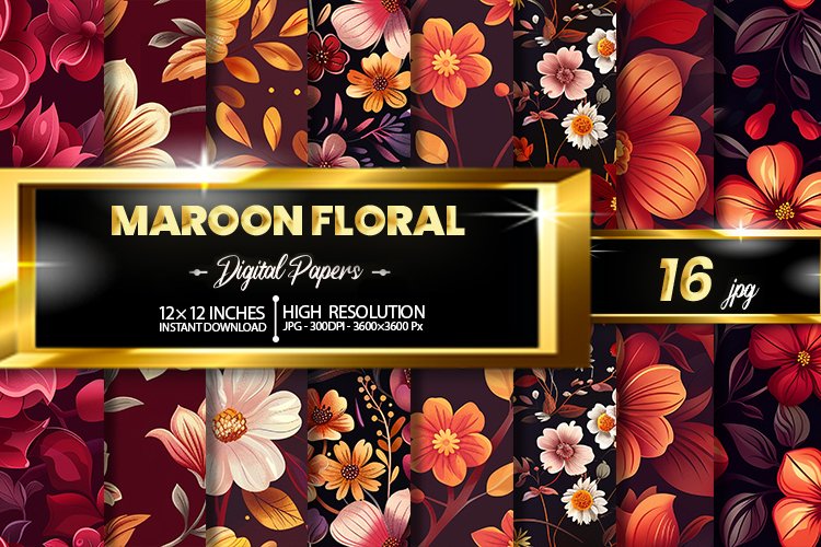 Maroon Floral Digital Papers Bundle