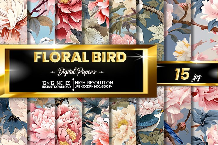 Floral Bird Digital Papers Bundle