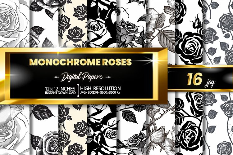 Monochrome Roses Digital Papers Bundle