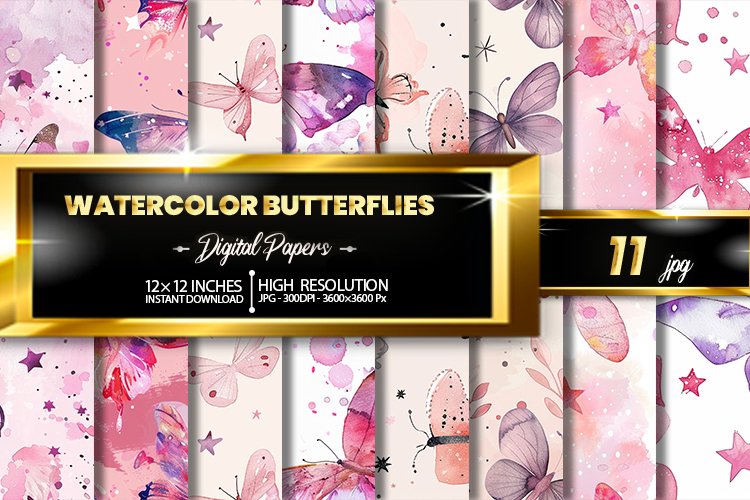 Watercolor Butterflies Digital Papers Bundle (3844760)