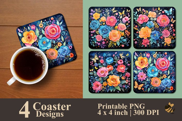 Insect And Colorful Floral Coaster Sublimation Designs
