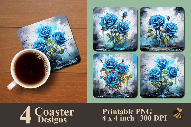 Blue Touche Roses Coaster Sublimation Design