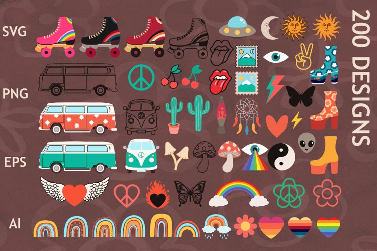 200 Retro Clipart and Cut Files, 70s Hippie, Groovy, Boho.