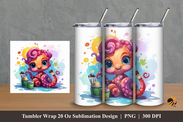 Octopus Watercolor Tumbler Wrap Sublimation Design (3984015)