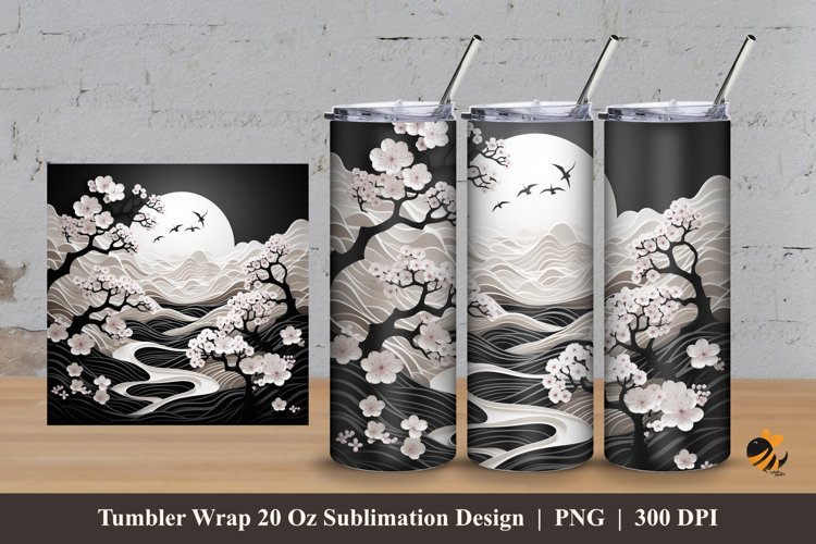 3D White Sakura Tumbler Wrap Sublimation Design 3