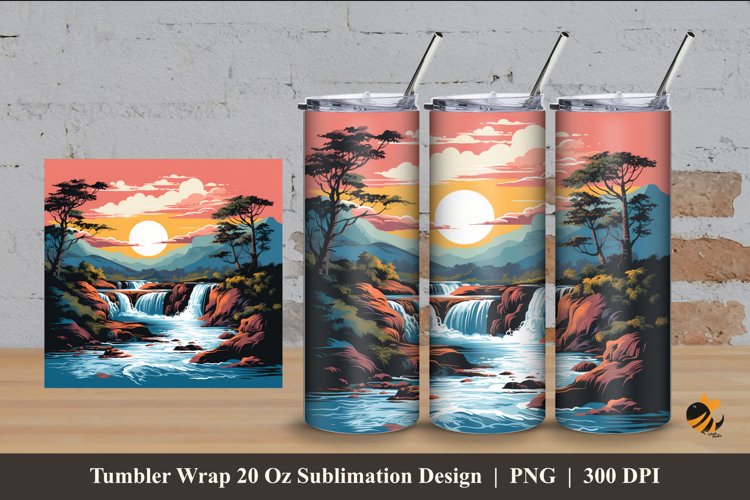 Vintage Waterfall Sunset Tumbler Wrap Sublimation (5063246)