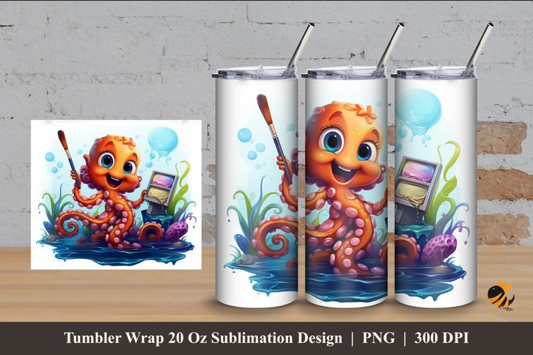 Octopus Watercolor Tumbler Wrap Sublimation Design (3984021)