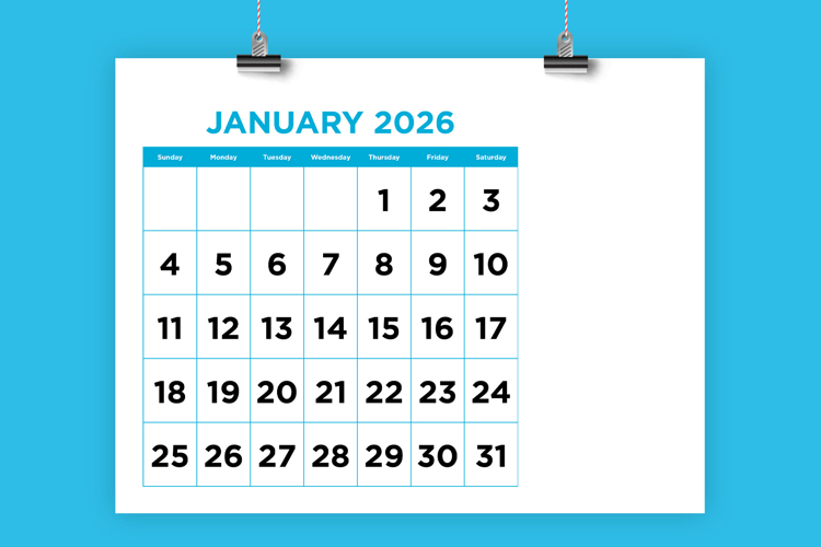 2026 Large Number Bold Color 8.5 x 11 Inch Calendar Template
