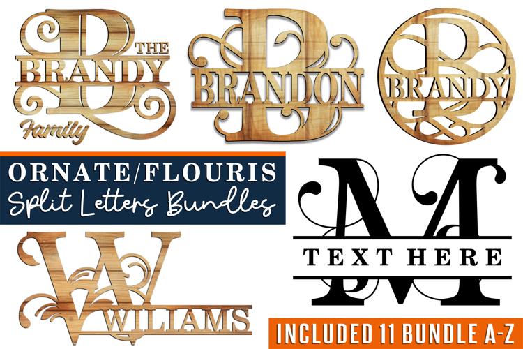 Monogram Flourish Split Letters SVG Laser Cutting File