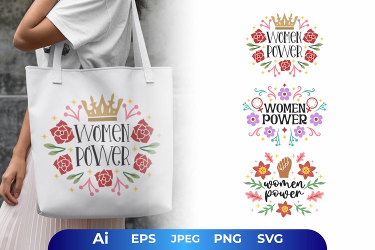 Women Power Lettering Bundle with Floral Ornamentation
