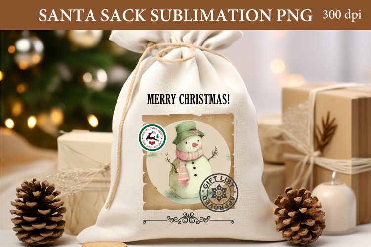 Watercolor Snowman Santa Sack Sublimation PNG. Santa Sack