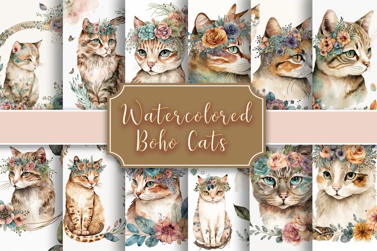 Watercolor Boho Cats Illustrated 12 Variations