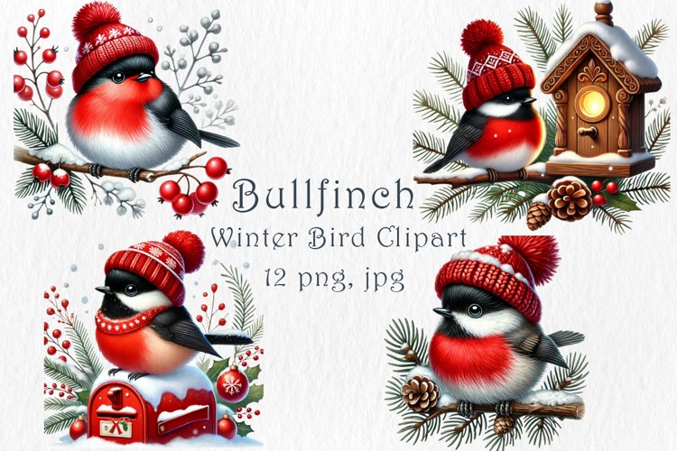 Bullfinch Winter Bird Clipart, 12 png, jpg