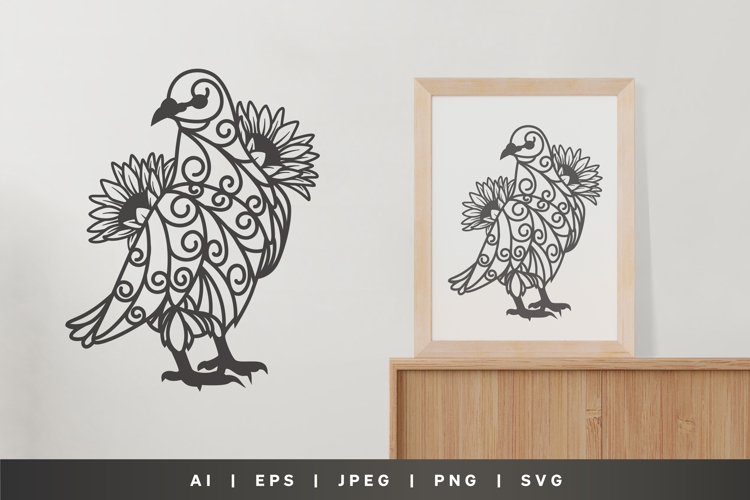 Dove with Swirl Motif and Sunflowers, Decorative Bird SVG